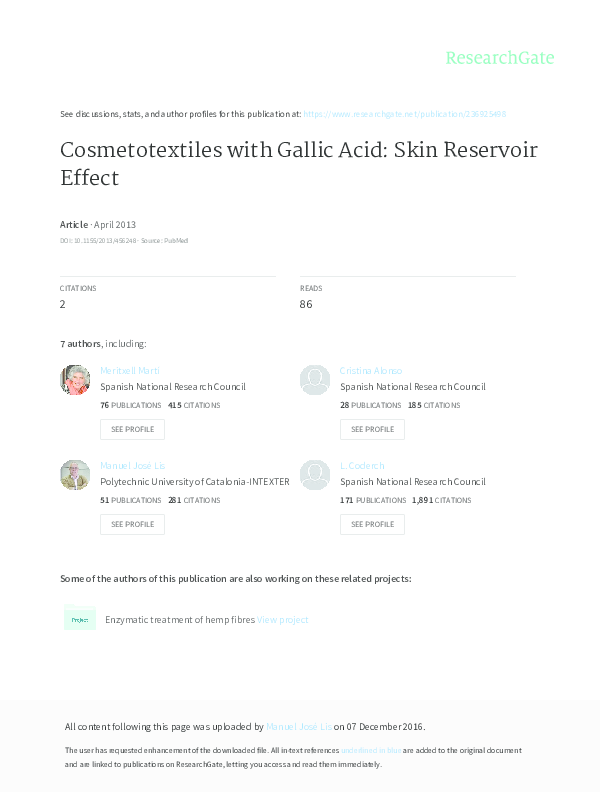 (PDF) Cosmetotextiles with gallic Acid: skin reservoir effect