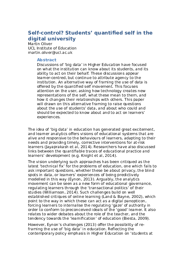 (DOC) Self-control? Students’ quantified self in the digital university