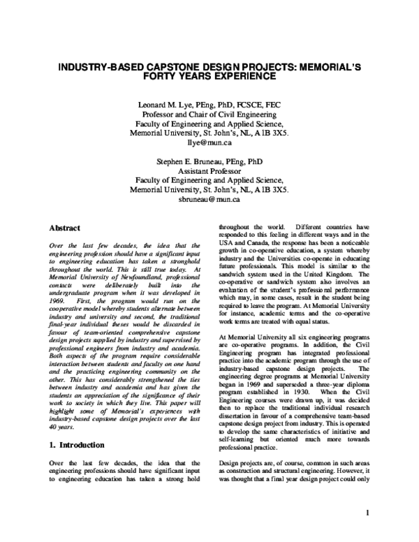 (PDF) Industry-Based Capstone Design Projects: Memorial's Forty Years ...