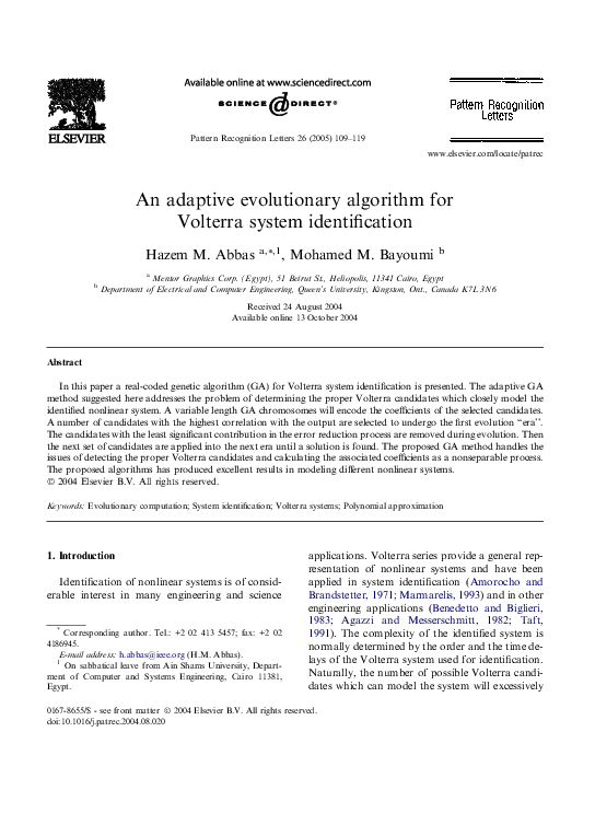 Pdf An Adaptive Evolutionary Algorithm For Volterra System Identification