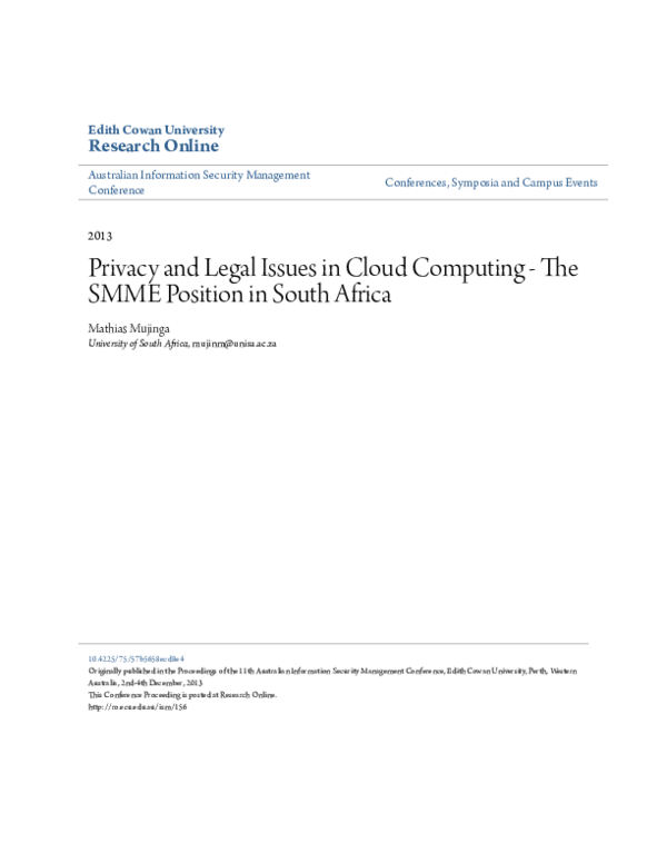 (PDF) Privacy and Legal Issues in Cloud Computing - The SMME Position in South Africa