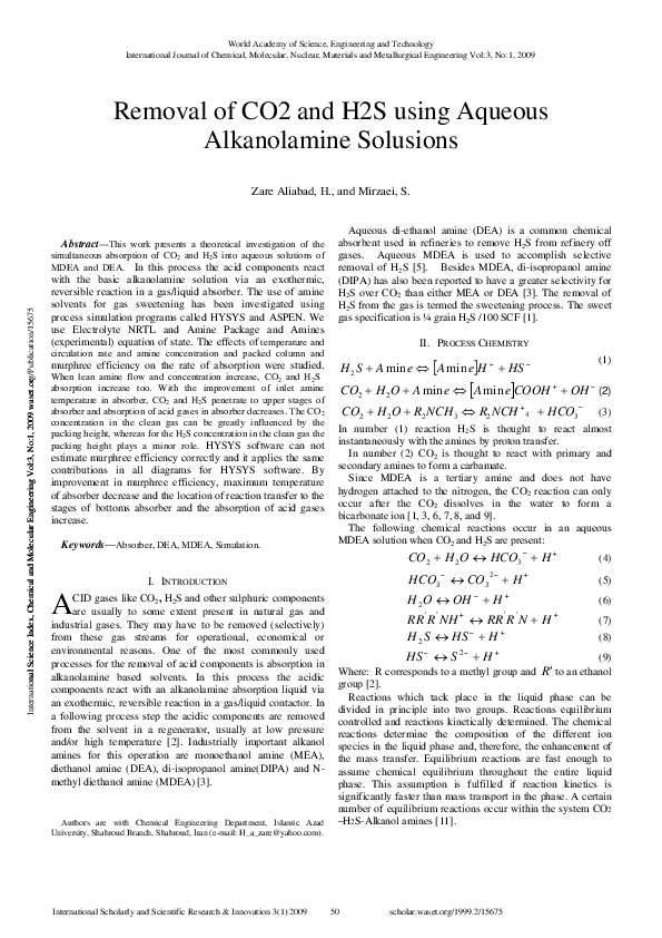 (PDF) Removal of CO2 and H2S using Aqueous Alkanolamine Solusions