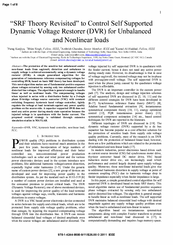 Pdf Srf Theory Revisited To Control Self Supported Dynamic Voltage Restorer Dvr For