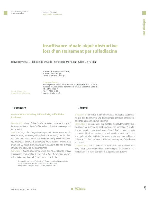 (PDF) Insuffisance rénale aiguë obstructive lors d’un traitement par ...