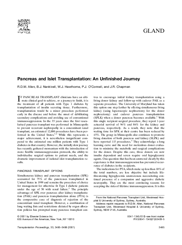 (PDF) Pancreas and islet transplantation: an unfinished journey