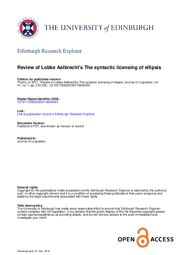 (PDF) Lobke Aelbrecht, The syntactic licensing of ellipsis (Linguistik ...