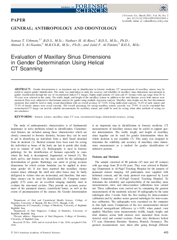Pdf Evaluation Of Maxillary Sinus Dimensions In Gender Determination Using Helical Ct Scanning