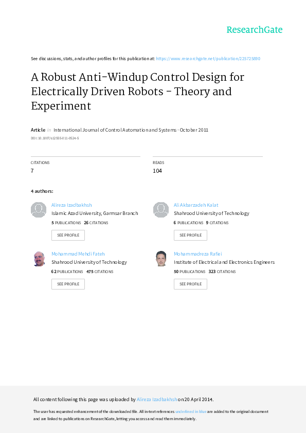 (PDF) A robust anti-windup control design for electrically driven robots — Theory and experiment
