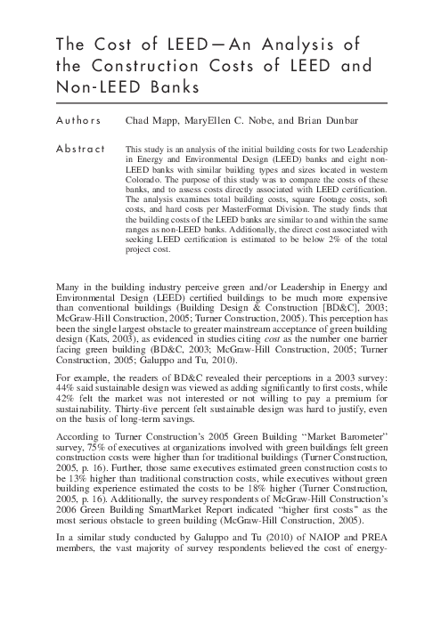(PDF) Cost of LEED Analysis of Construction Costs JOSRE v3 131