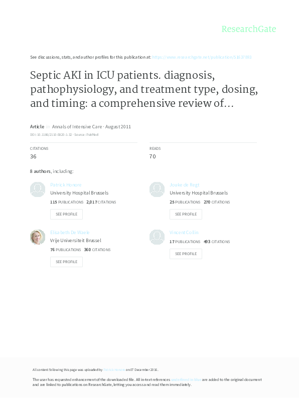 (PDF) Septic AKI in ICU patients. diagnosis, pathophysiology, and ...