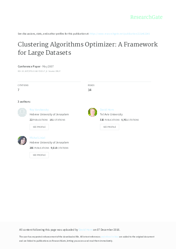 (PDF) Clustering Algorithms Optimizer: A Framework for Large Datasets
