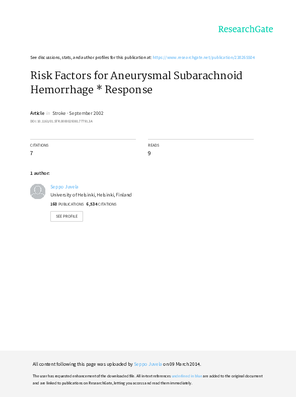 (PDF) Risk factors for Aneurysmal subarachnoid hemorrhage - Response