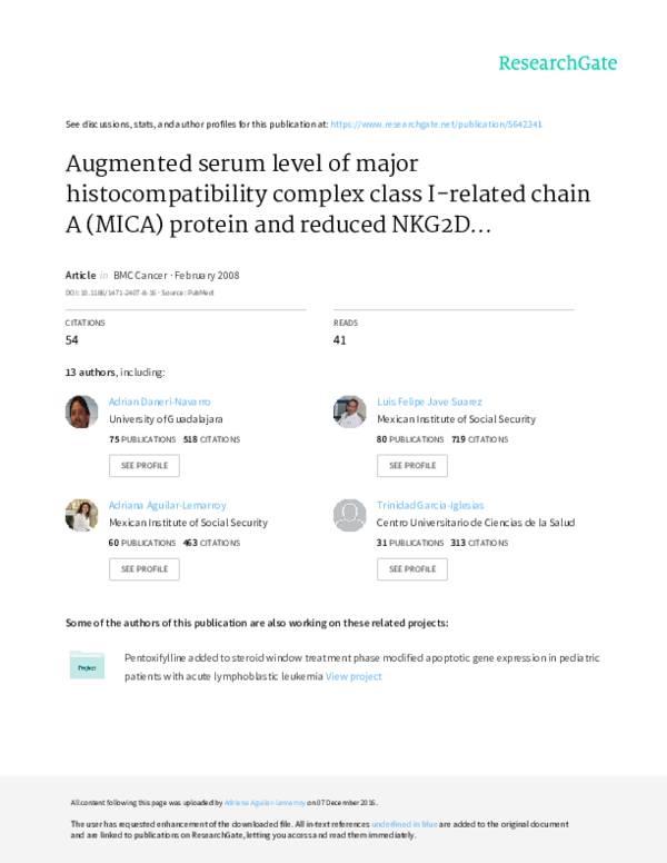 (PDF) Augmented serum level of major histocompatibility complex class I ...