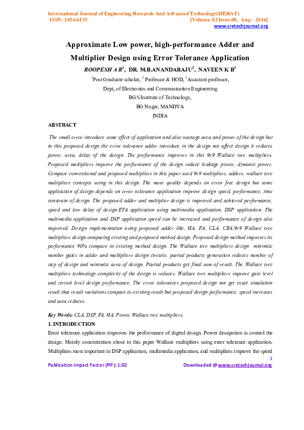 Pdf Approximate Low Power High Performance Adder And Multiplier Design Using Error Tolerance