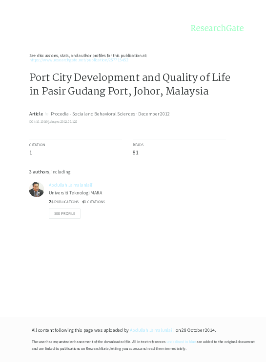 (PDF) Port City Development and Quality of Life in Pasir Gudang Port ...
