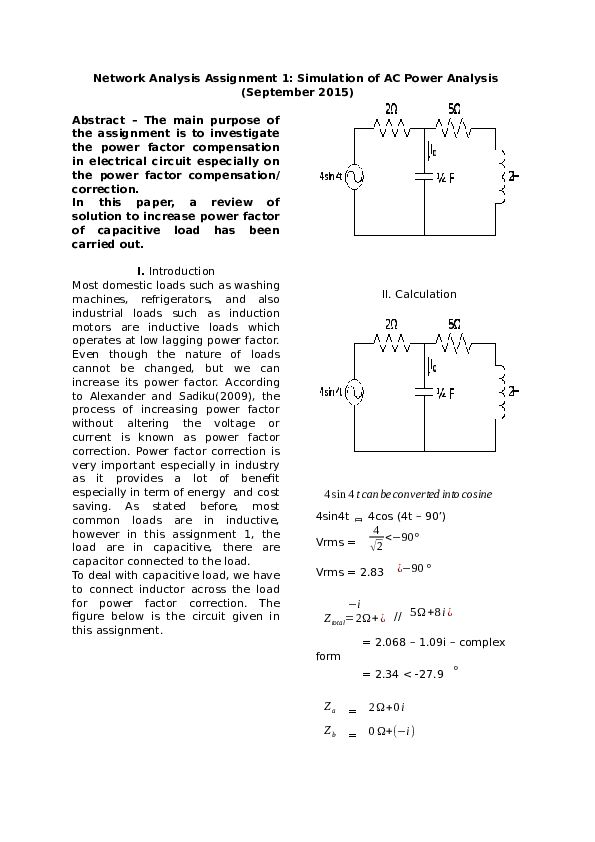(DOC) Network Analysis Assignment 1: Simulation of AC Power Analysis
