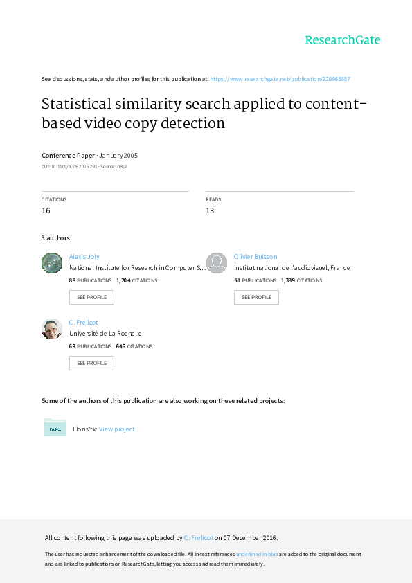 (PDF) Statistical similarity search applied to content-based video copy detection