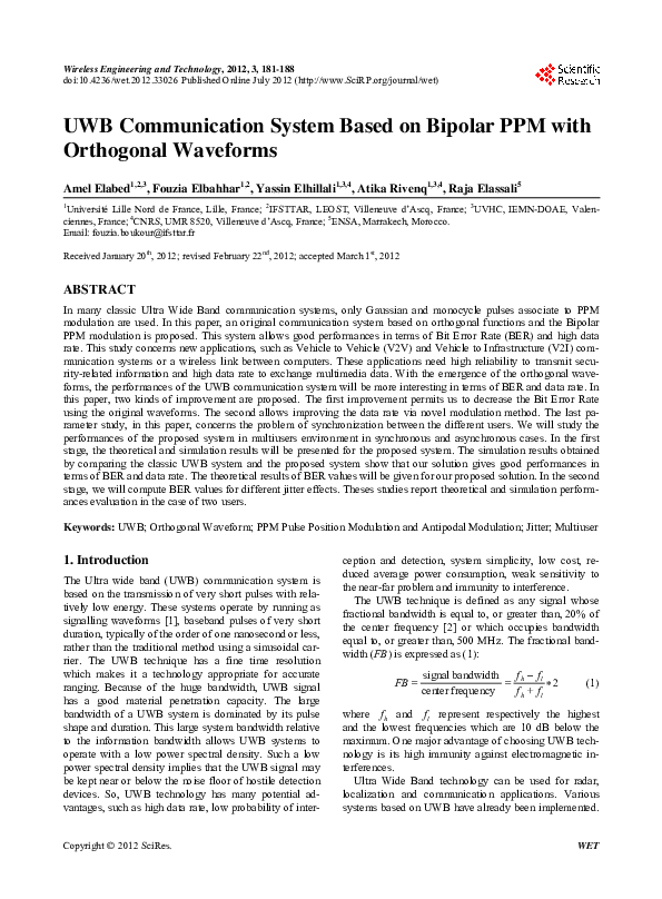 (PDF) UWB Communication System Based on Bipolar PPM with Orthogonal Waveforms