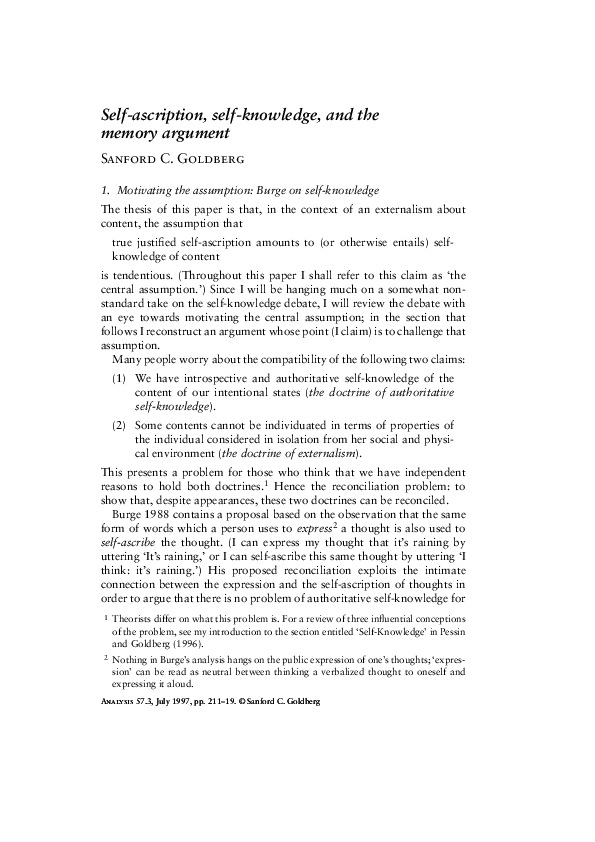 (PDF) Self-ascription, self-knowledge, and the memory argument