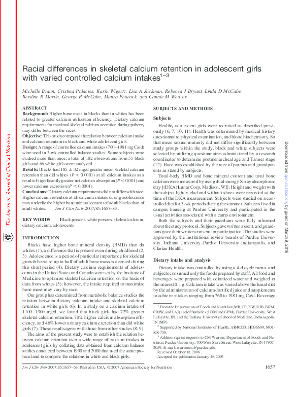 (PDF) Racial differences in skeletal calcium retention in adolescent ...