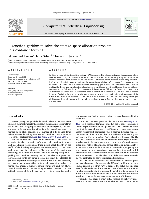 Pdf A Genetic Algorithm To Solve The Storage Space Allocation Problem In A Container Terminal