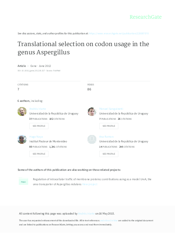 (PDF) Translational selection on codon usage in the genus Aspergillus