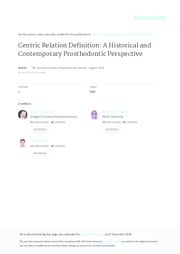 (PDF) Centric Relation Definition: A Historical and Contemporary ...