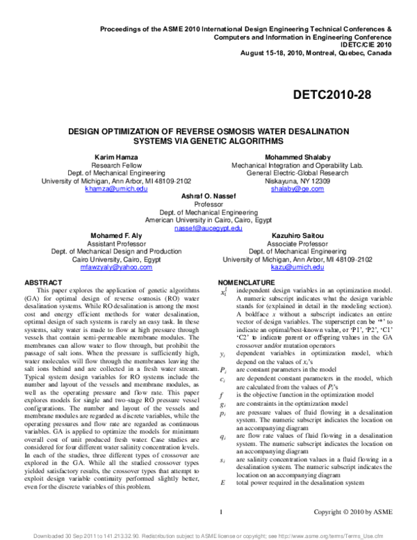 Pdf Design Optimization Of Osmosis Water Desalination System Via Genetic Algorithms﻿ Karim