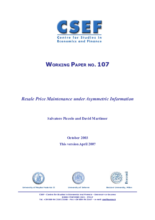 (PDF) Resale price maintenance under asymmetric information | David ...