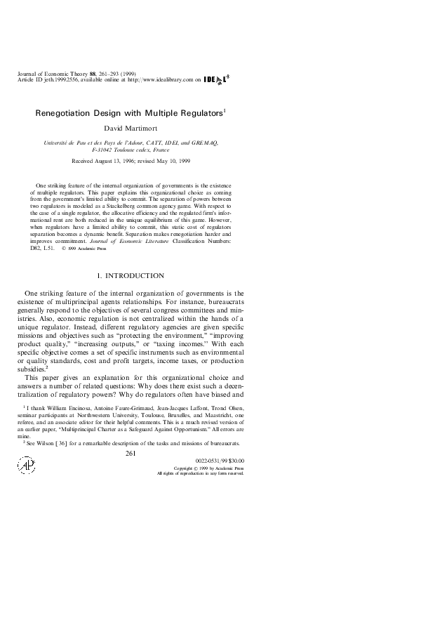 (PDF) Renegotiation Design with Multiple Regulators | David Martimort ...