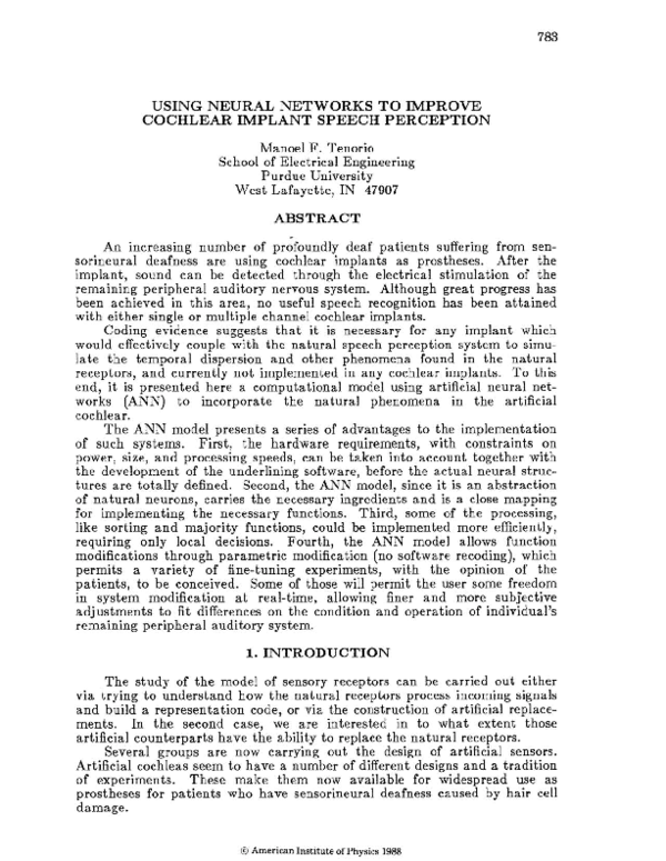 (PDF) Using Neural Networks to Improve Cochlear Implant Speech Perception