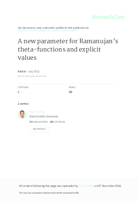 Pdf A New Parameter For Ramanujans Theta Functions And Explicit Values
