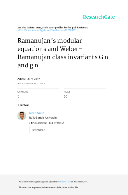 Pdf Ramanujans Modular Equations And Weber Ramanujan Class Invariants G N And Gn