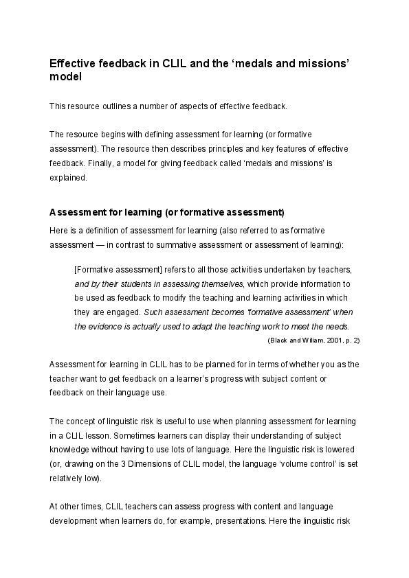 (PDF) Effective feedback in CLIL and the 'medals and missions' model