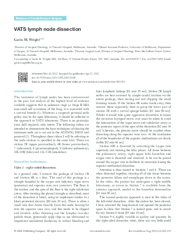 (PDF) VATS lymph node dissection | Gavin Wright - Academia.edu