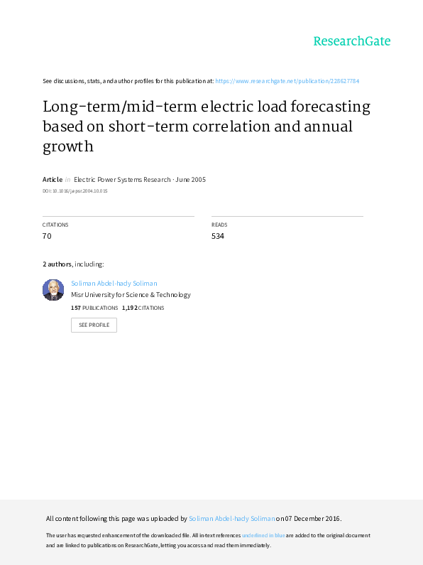 Pdf Long Term Mid Term Electric Load Forecasting Based On Short Term Correlation And Annual Growth