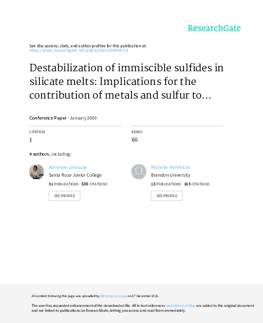(PDF) Destabilization of immiscible sulfides in silicate melts ...