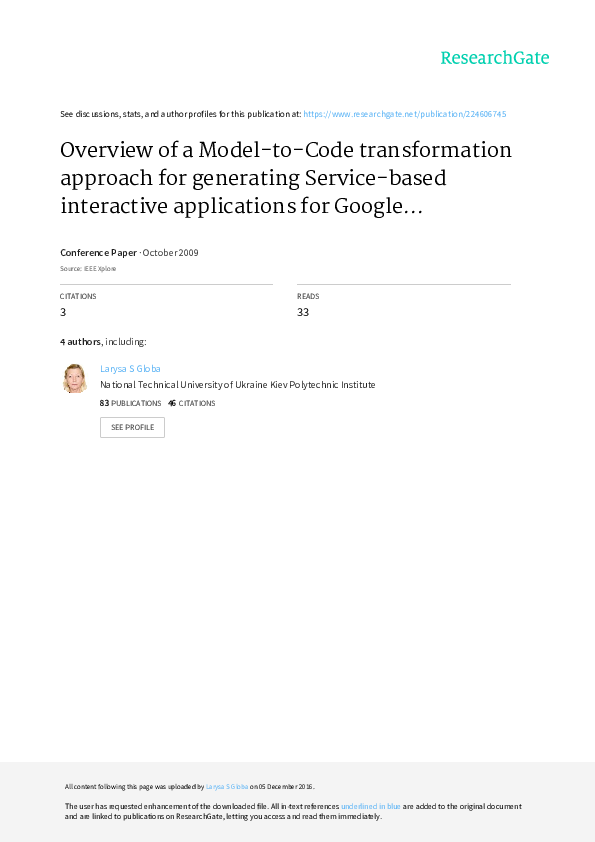 (PDF) Overview of a Model-to-Code transformation approach for ...