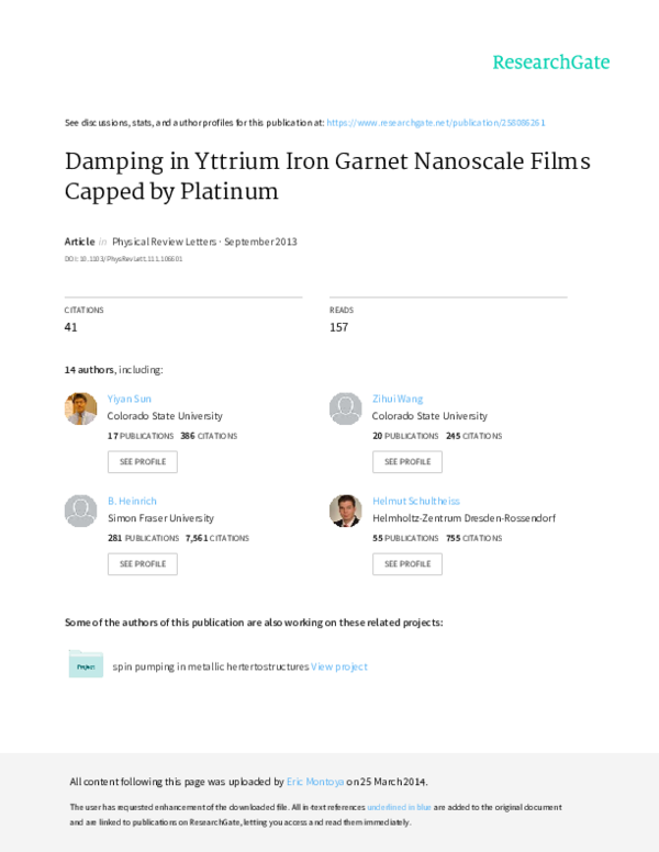 (PDF) Damping in Yttrium Iron Garnet Nanoscale Films Capped by Platinum
