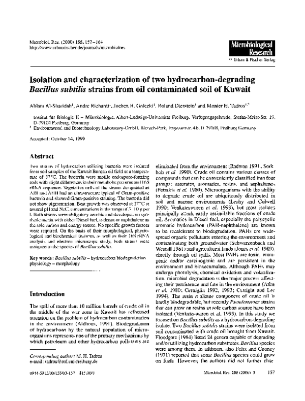 (PDF) Isolation and characterization of two hydrocarbon-degrading Bacillus subtilis strains from ...