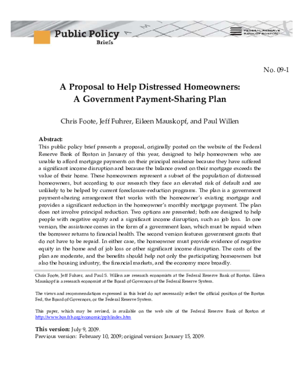 (PDF) A Proposal to Help Distressed Homeowners: A Government Payment ...