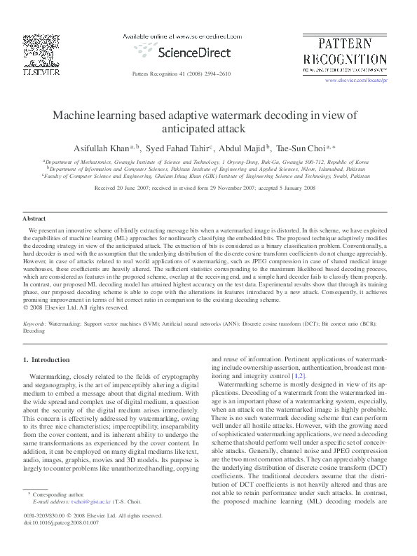 (PDF) Machine learning based adaptive watermark decoding in view of anticipated attack