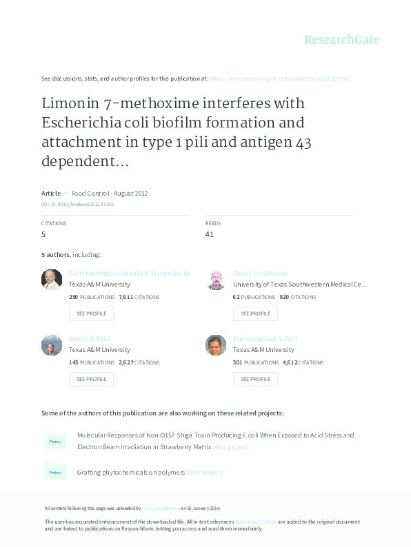 (PDF) Limonin 7-methoxime interferes with Escherichia coli biofilm ...