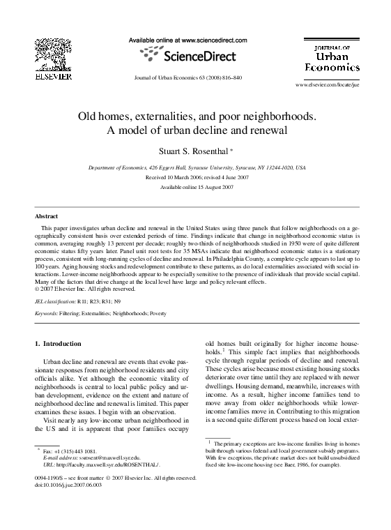 (PDF) Old homes, externalities, and poor neighborhoods. A model of ...