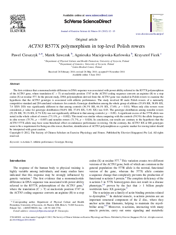 (PDF) ACTN3 R577X polymorphism in top-level Polish rowers