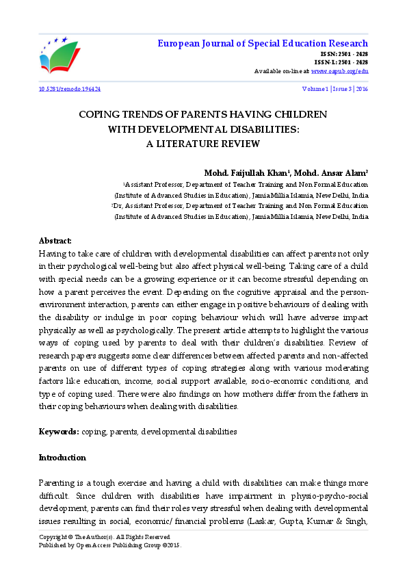 (PDF) COPING TRENDS OF PARENTS HAVING CHILDREN WITH DEVELOPMENTAL ...