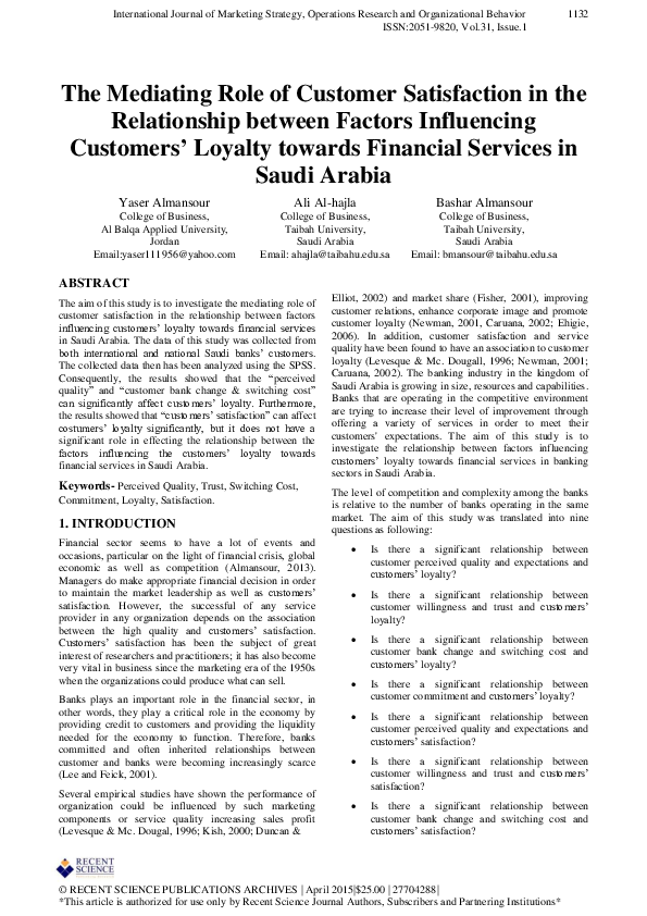 Pdf The Mediating Role Of Customer Satisfaction In The Relationship Between Factors