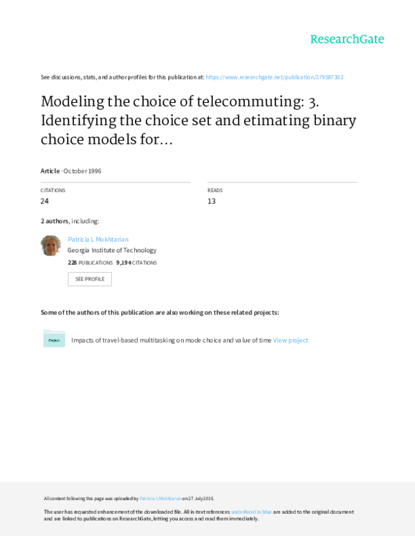 (PDF) Modeling the choice of telecommuting: 3. Identifying the choice set and estimating binary ...