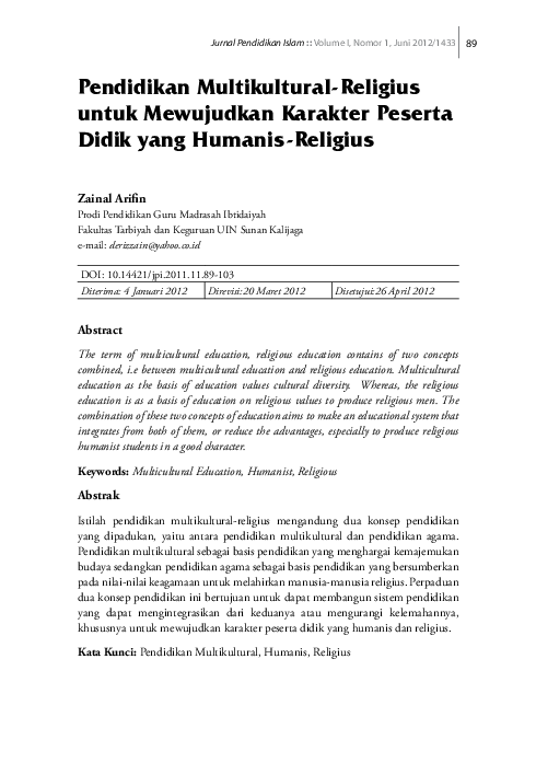 (PDF) Pendidikan Multikultural-Religius untuk Mewujudkan Karakter Peserta Didik yang Humanis ...