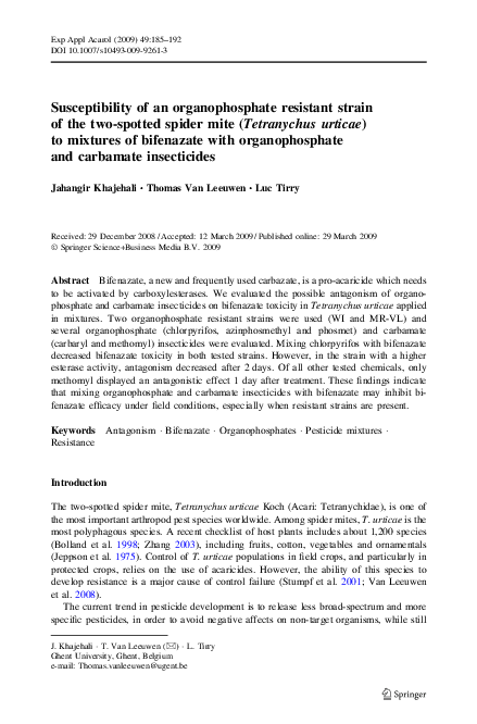 (PDF) Susceptibility of an organophosphate resistant strain of the two-spotted spider mite ...